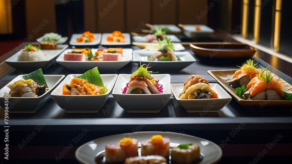 Food - Japanese Assorted Sushi and Sashimi displayed in catering area ...