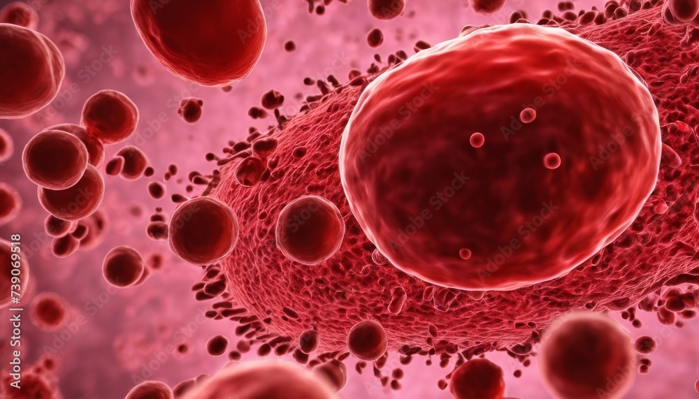 Microscopic view of a cell cluster, possibly a tumor, with nuclei and ...