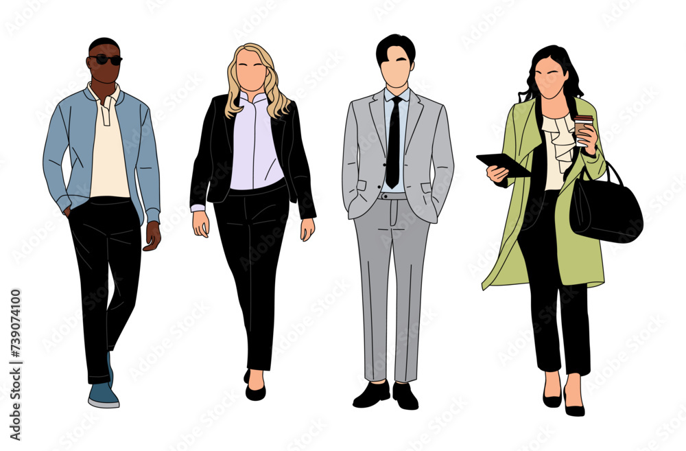 Multinational Business people standing and walking. Set of different ...