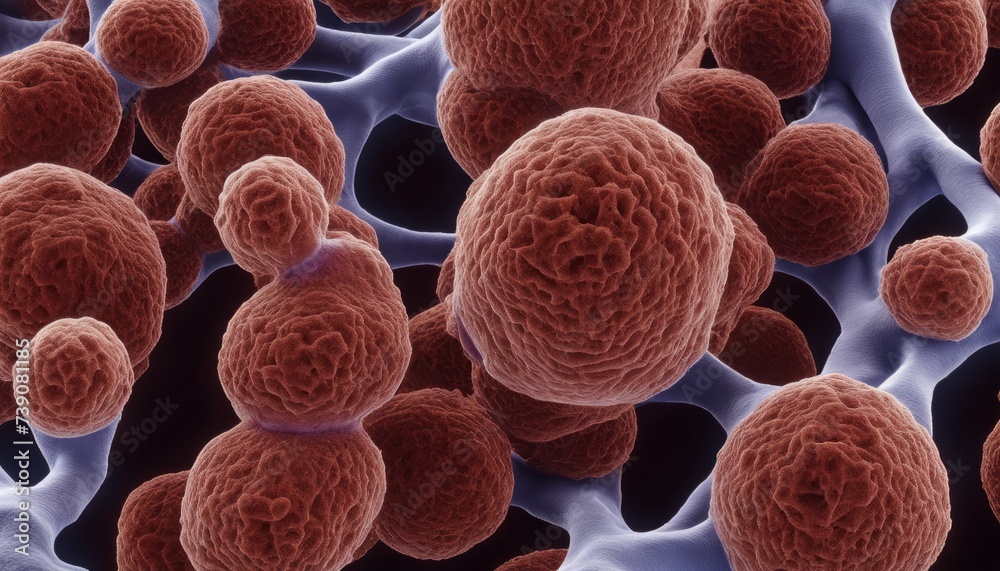 Microscopic view of a cluster of red cells with white fibrous ...