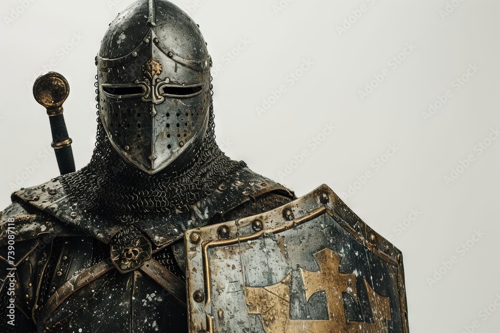 A knight in armor with a shield and sword. A stoic knight stands tall ...