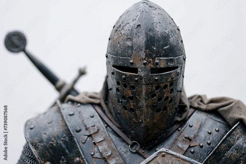 A knight in armor with a shield and sword. A stoic knight stands tall ...