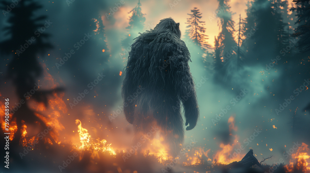 Epic Representation of the Legendary Bigfoot Roaming Through a Fiery ...