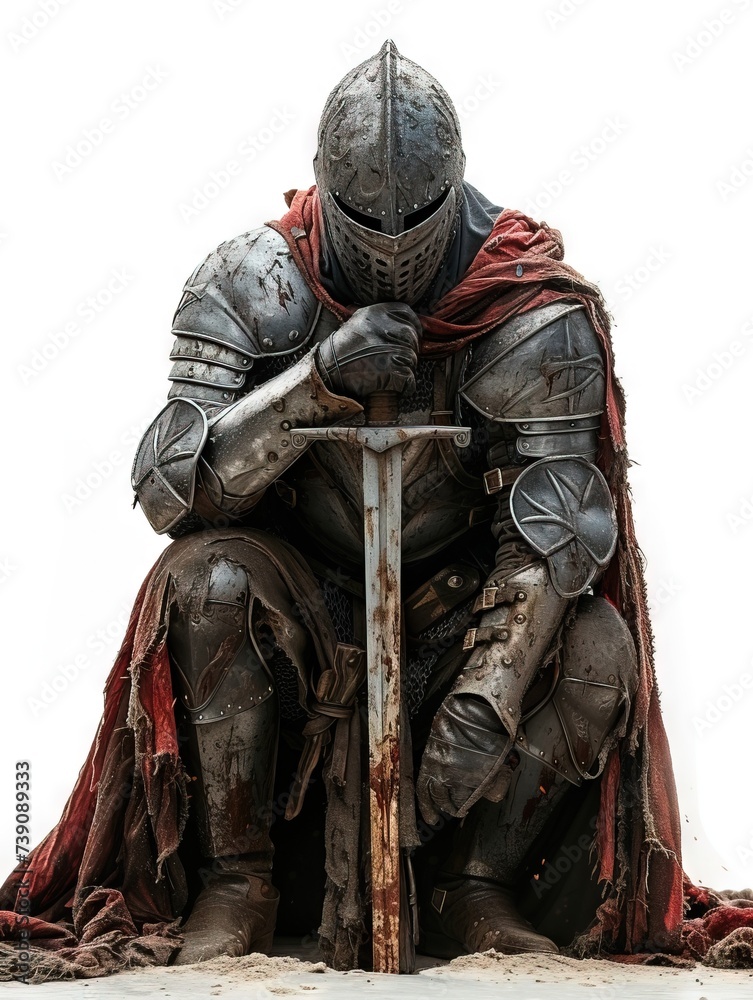 A knight in armor with a shield and sword. A stoic knight stands tall ...