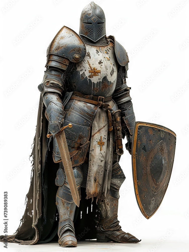 A knight in armor with a shield and sword. A stoic knight stands tall ...