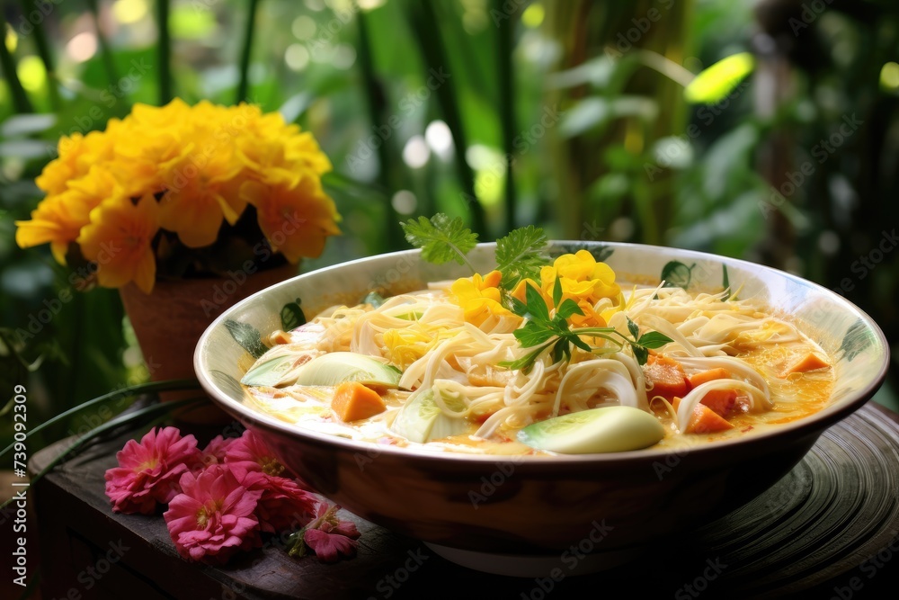 Malaysian laksa in a Kuala Lumpur garden filled with tropical plants ...