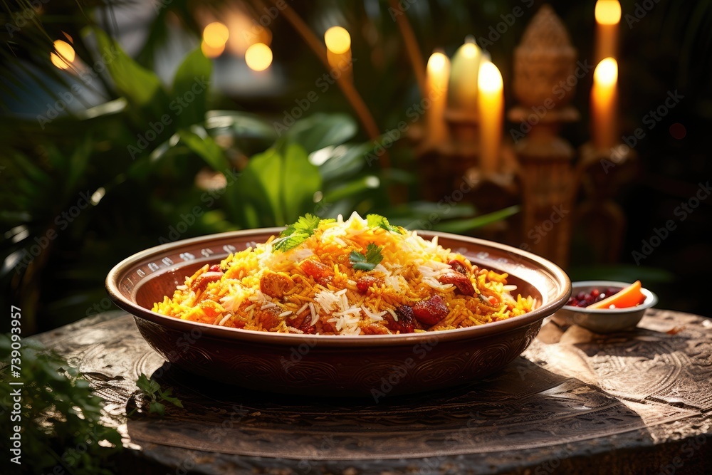 Kuwaiti biryani in a desert garden oasis with date palms. Stock ...