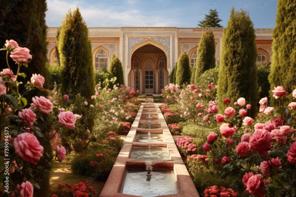 Iranian khoresh in a Persian garden with rose bushes. Stock ...