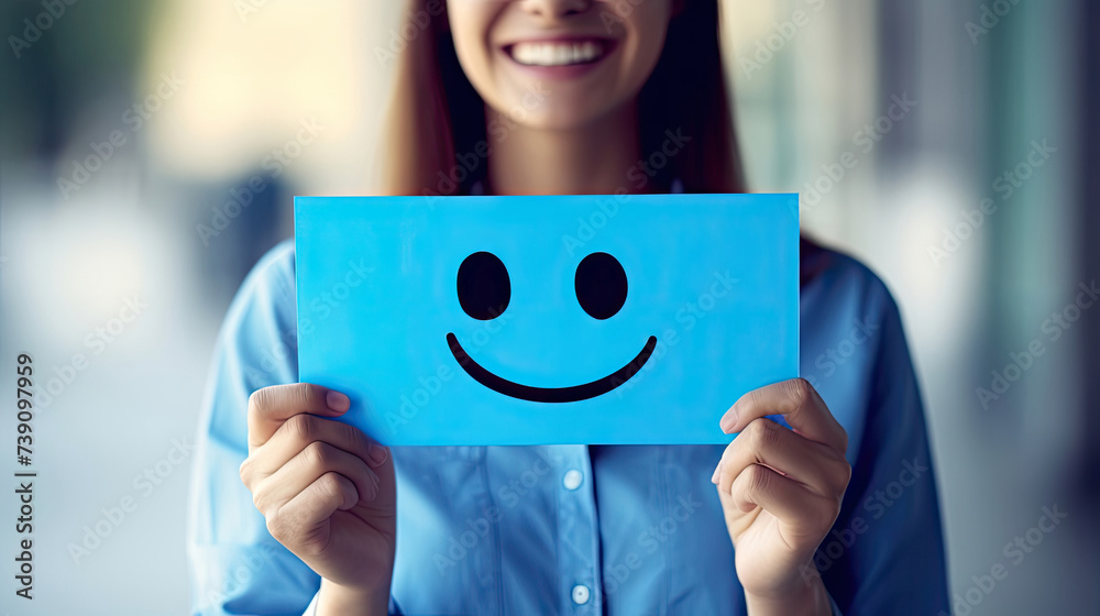 Young Woman Holding Blue Paper Cut Happy Smiley Face Mask. Positive ...