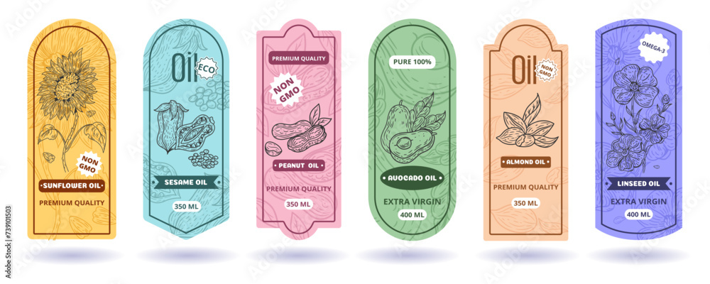 Oil label design. Flaxseed packaging. Protein logo. Peanut and avocado ...