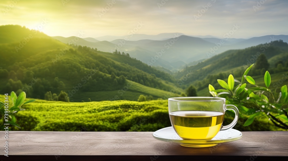 Tea cup with green tea leaf on the wooden table and the tea plantations ...