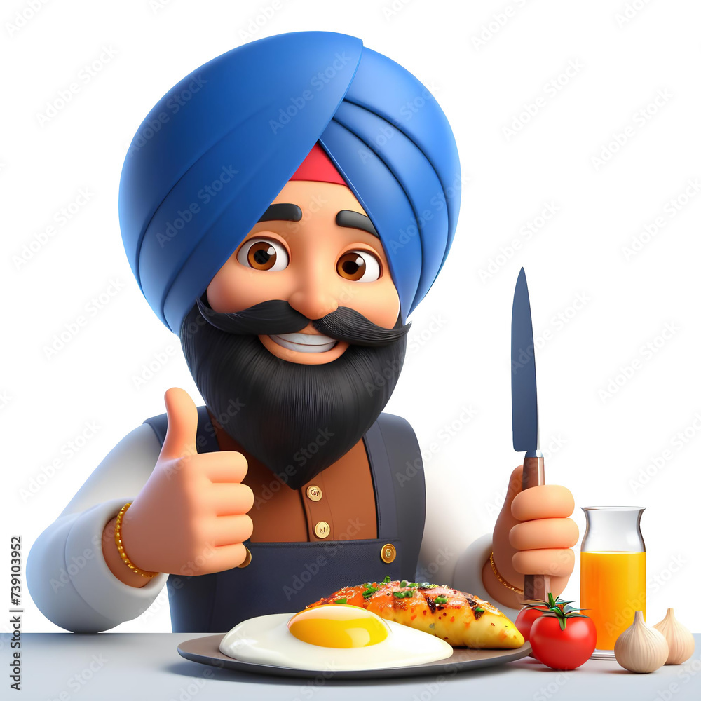 Punjabi sikh chef making omelette and bread giving a thumbs up. Stock Illustration | Adobe Stock