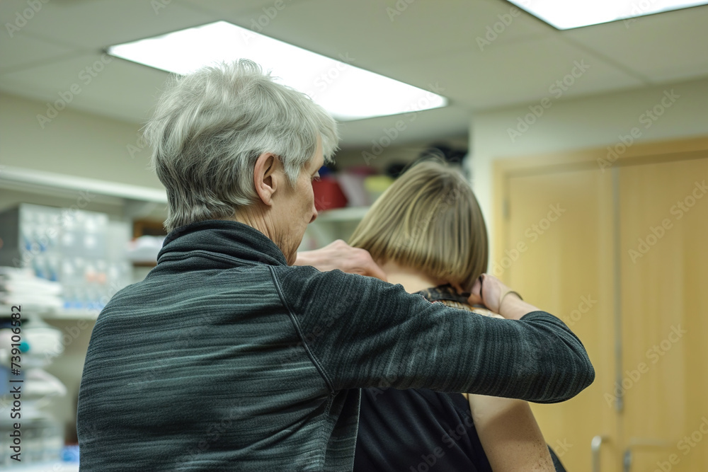 A physiotherapist administers trigger point therapy to a patient's ...