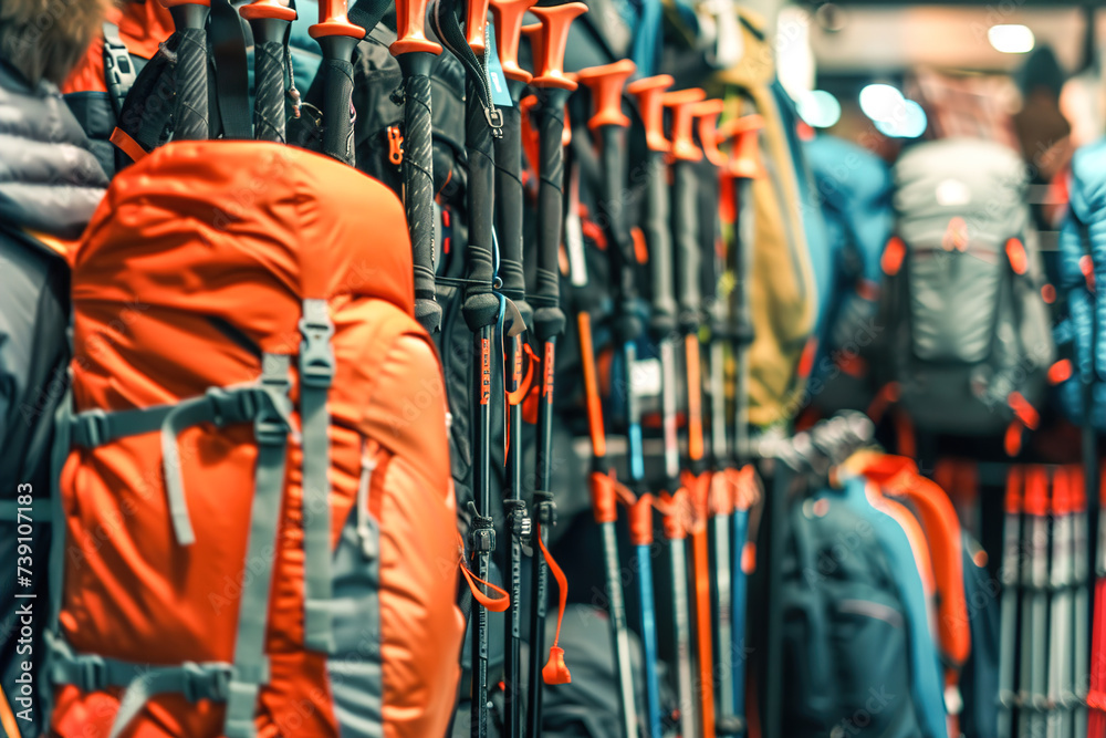 Friends exploring a well-stocked aisle of hiking equipment, comparing ...