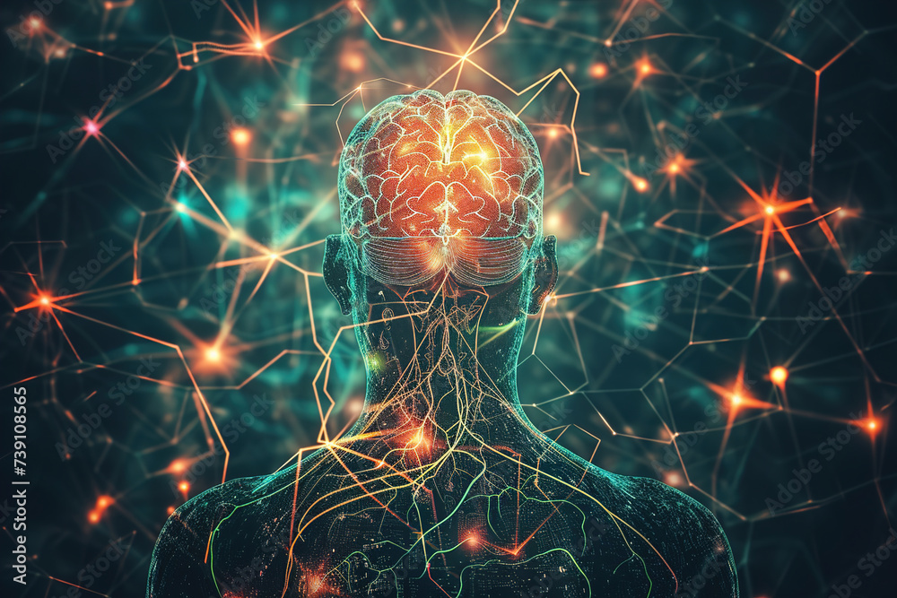 An animated graphic overlay of the nervous system superimposed on a ...