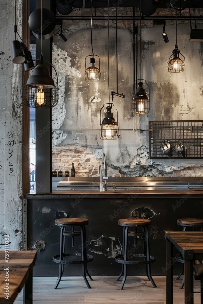 Interior of a modern pub with black and white brick walls, concrete ...