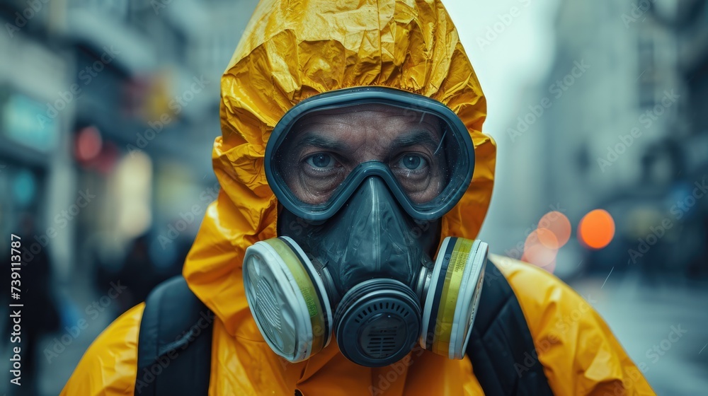 Man wearing bio hazard suits in on city streets due to pollution and ...