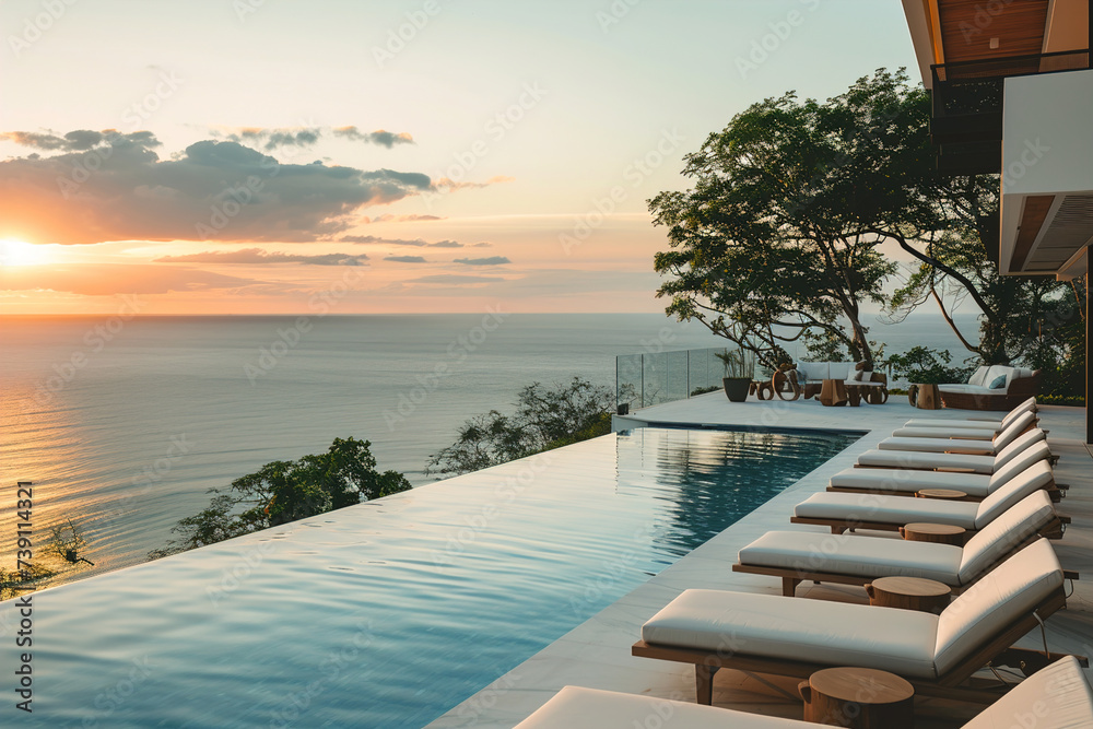 Luxurious home. Extravagant outdoor space with a spacious patio, infinity pool, lush landscaping ...