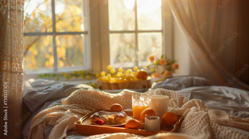 Cozy morning setup with a tray of tea, roses, and a love note creating ...