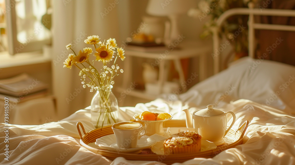 Cozy morning setup with a tray of tea, roses, and a love note creating ...