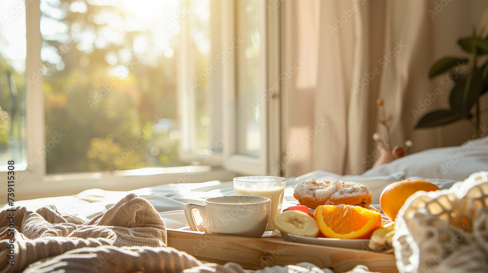Cozy morning setup with a tray of tea, roses, and a love note creating ...