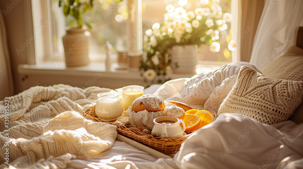 Cozy morning setup with a tray of tea, roses, and a love note creating ...
