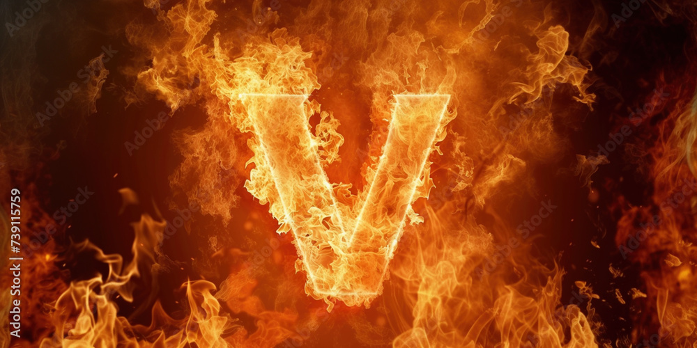 Alphabet powerful font letter. Letter V made of fire flames with red ...