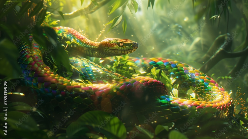Amidst a lush, enchanted forest, a vibrant rainbow serpent gracefully ...