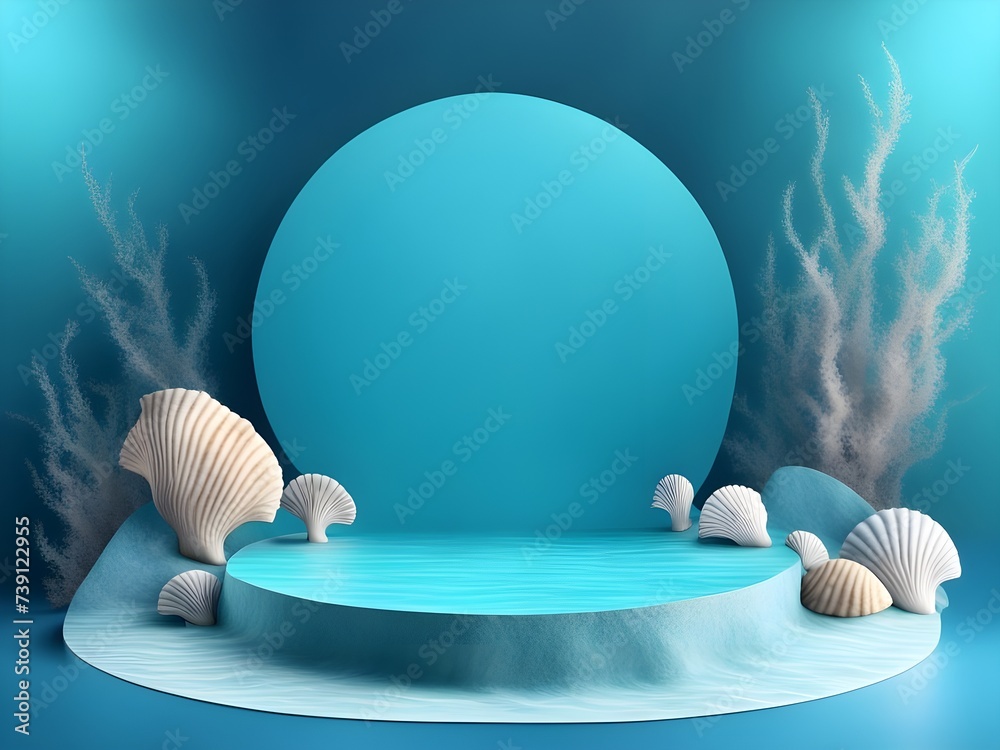 sea theme underwater blue color round empty 3D podium product display ...