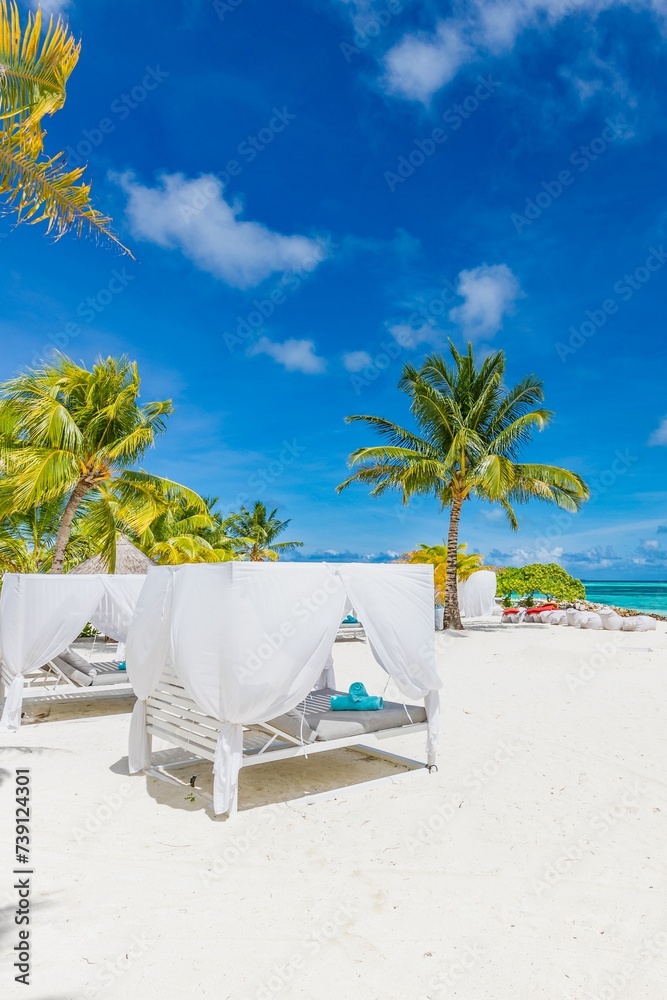 Relax on luxury VIP beach. White pavilion canopy sunny blue sky. Luxury ...