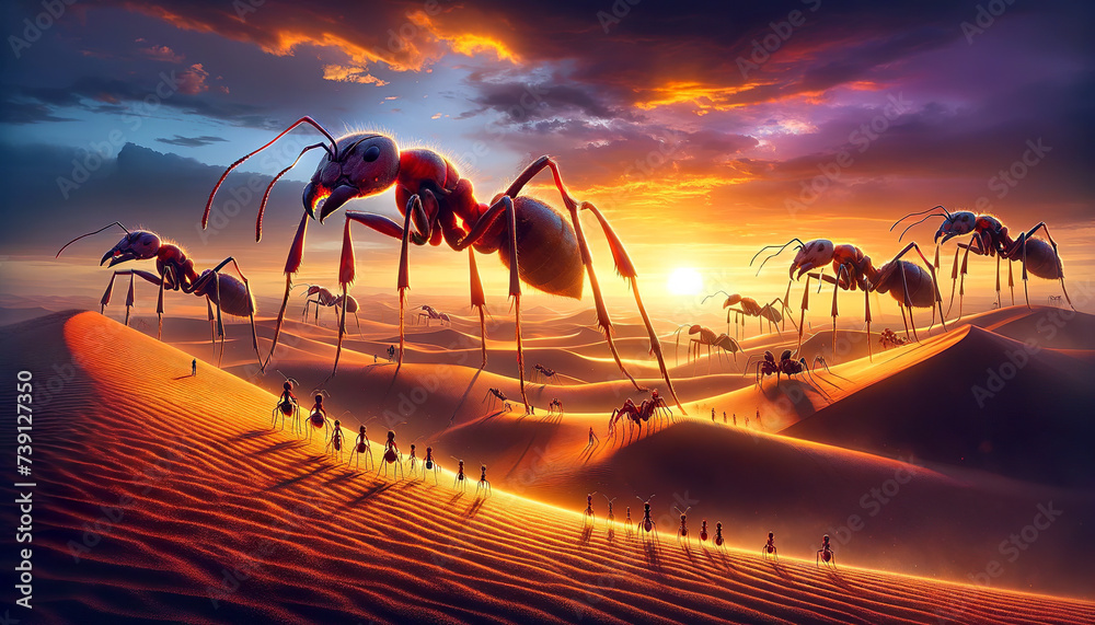 A surreal desert landscape at sunset with giant ants marching across ...