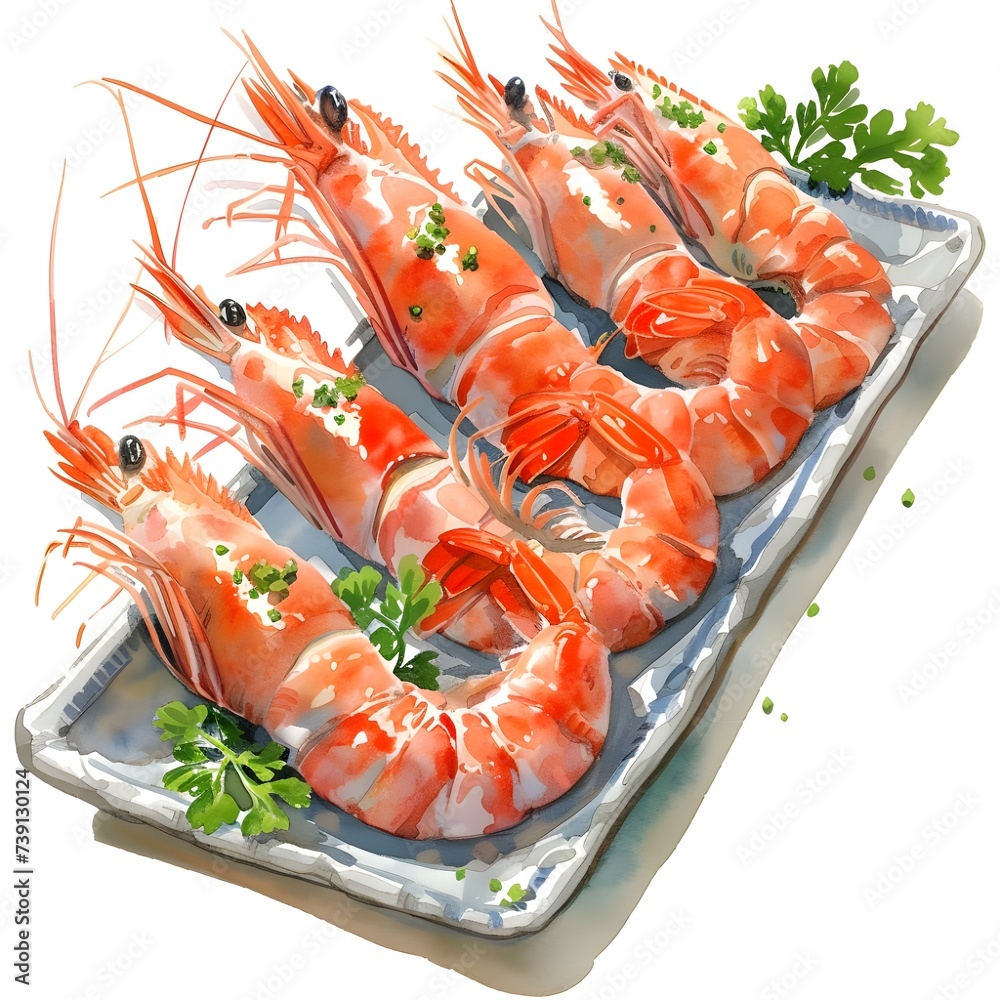 tiger prawn arrangement on long dish, type of meat, cute cartoon, full ...