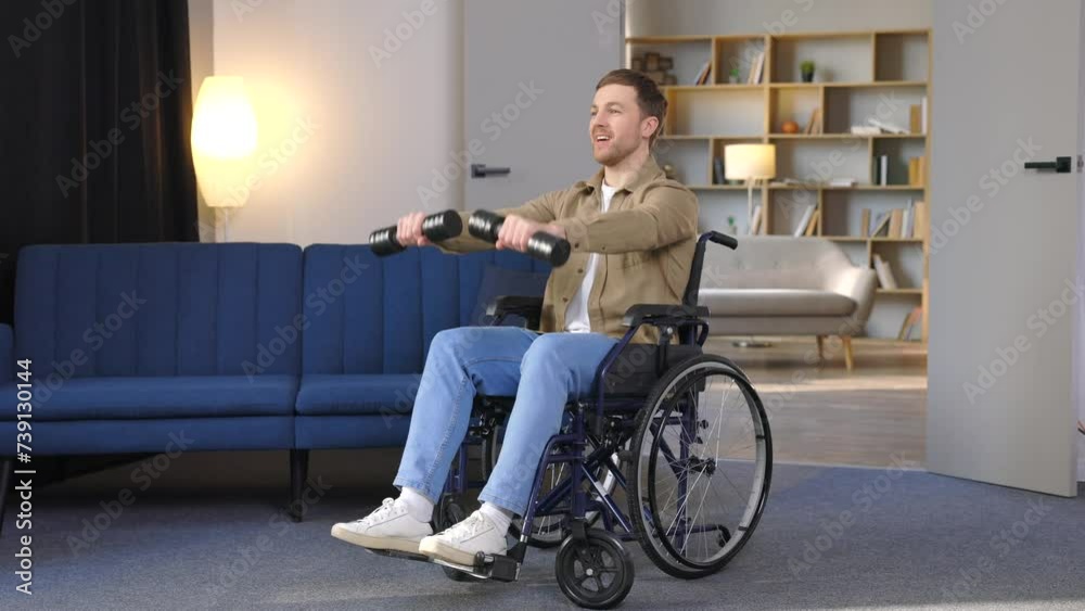 Physical rehabilitation for disabled people. Happy guy in wheelchair ...