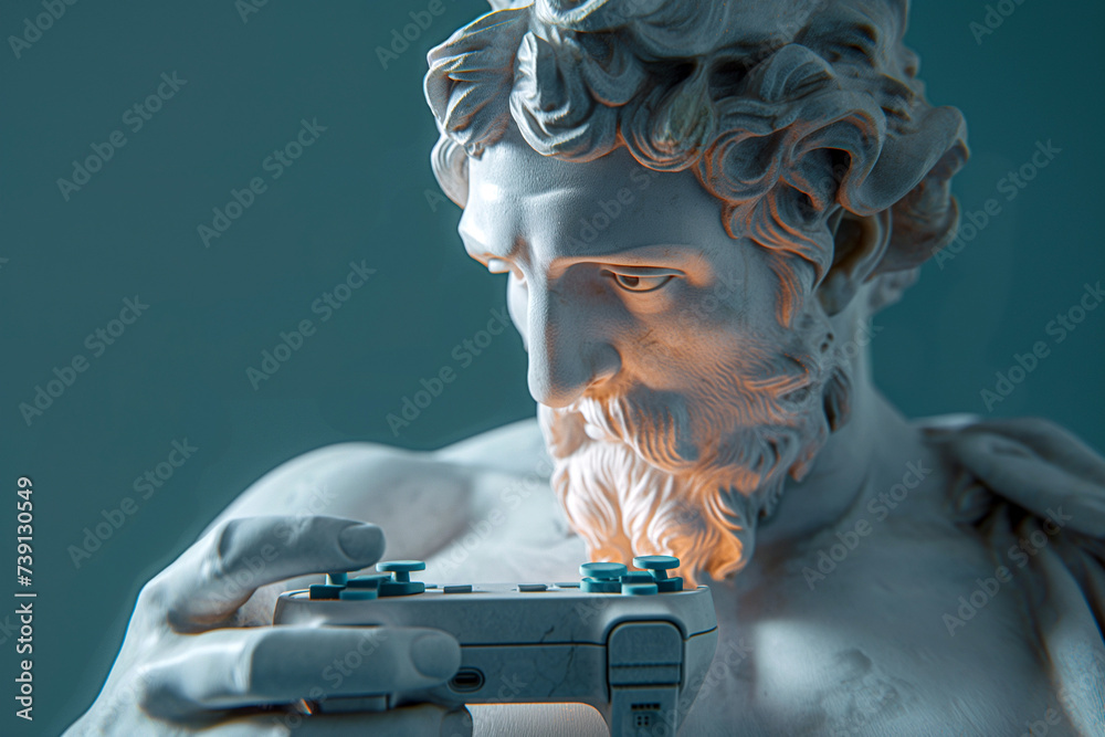 Antique marble sculpture with gamepad. Greek statue holding a joystick ...
