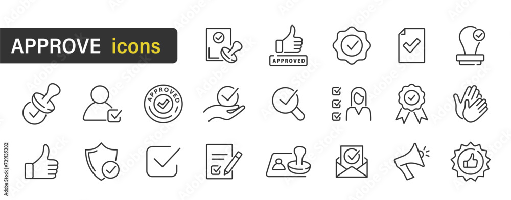Approve icons set. Approval and certified. Symbol collection in ...