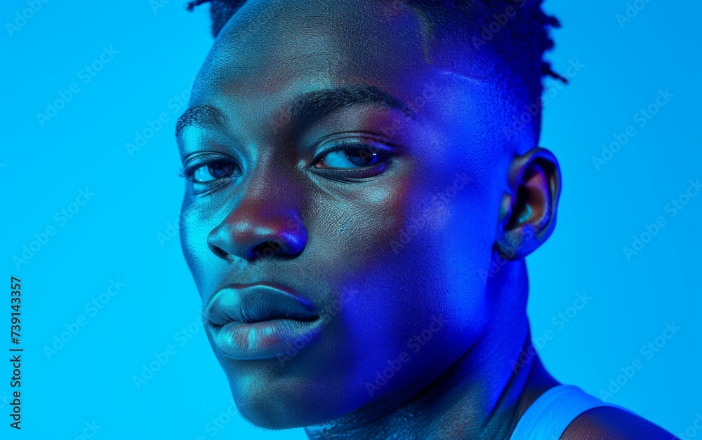 A woman is shown in close-up with a blue light shining on her face ...