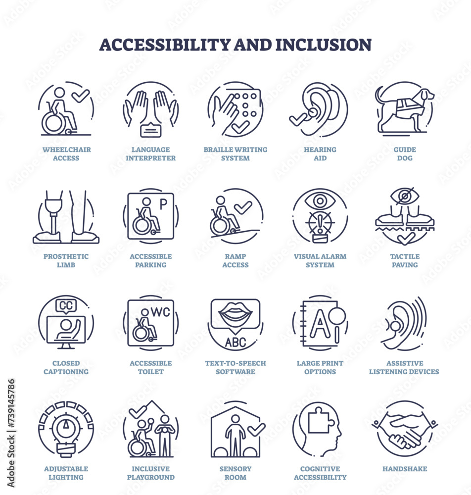 Accessibility, inclusion and disabled solidarity outline icon ...