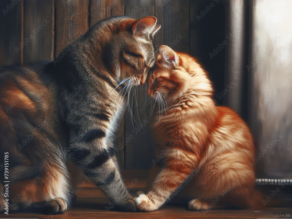 friendship between two cats. one cat is striped, the other is ginger ...