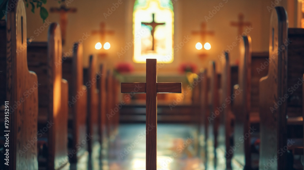 Peaceful Church Interior, Focused Wooden Cross, Receding Pews, Altar ...