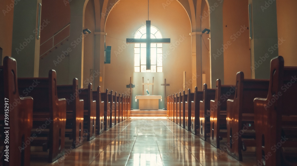 Peaceful Church Interior, Focused Wooden Cross, Receding Pews, Altar ...