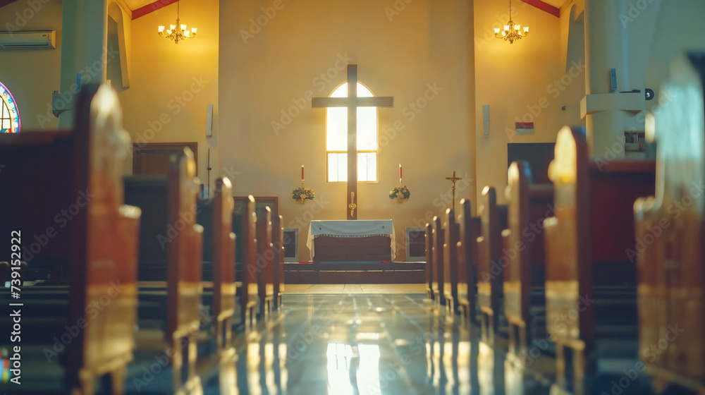 Peaceful Church Interior, Focused Wooden Cross, Receding Pews, Altar ...