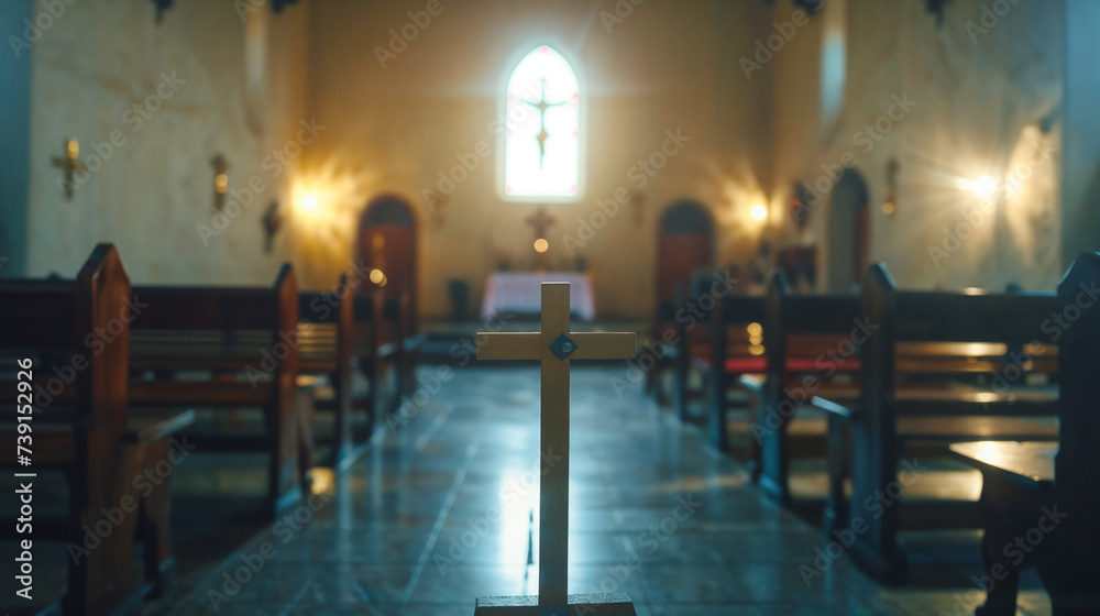 Peaceful Church Interior, Focused Wooden Cross, Receding Pews, Altar ...