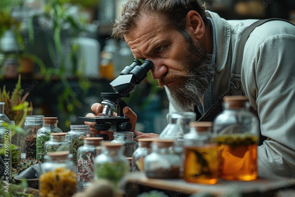 A bearded biologist meticulously inspects a specimen under a microscope ...