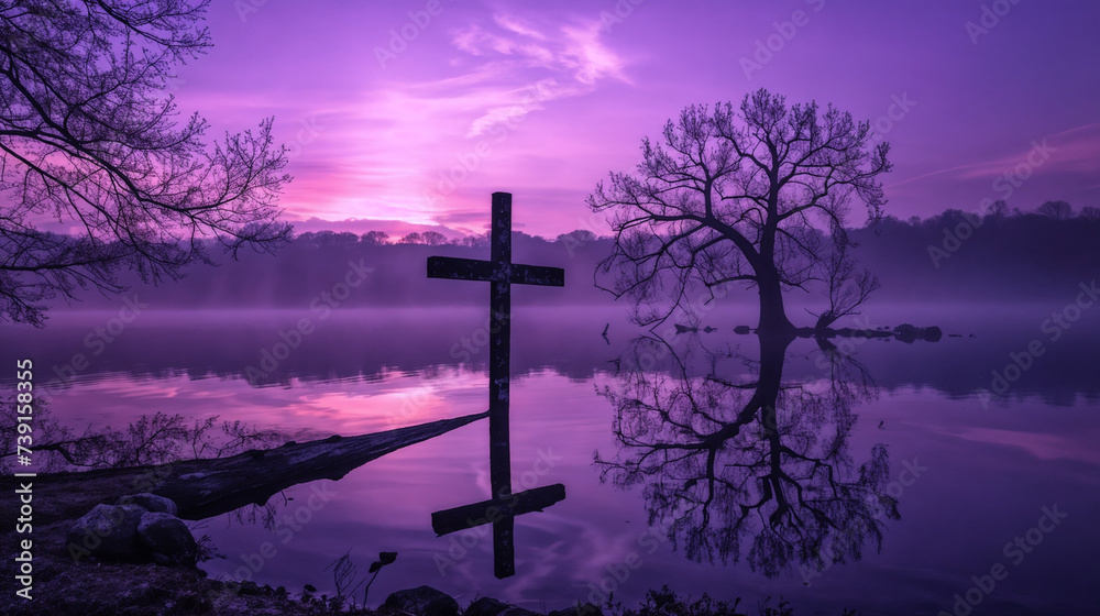 Atmospheric Landscape under Purple Dawn Sky, Barren Tree and Reflective ...