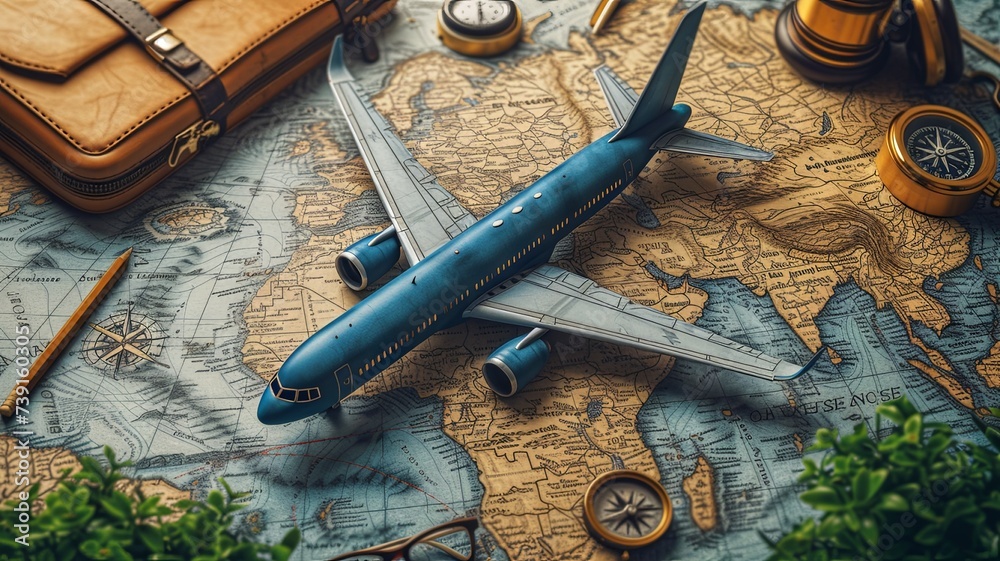 Travel background with airplane, compass and a map of the world Stock ...