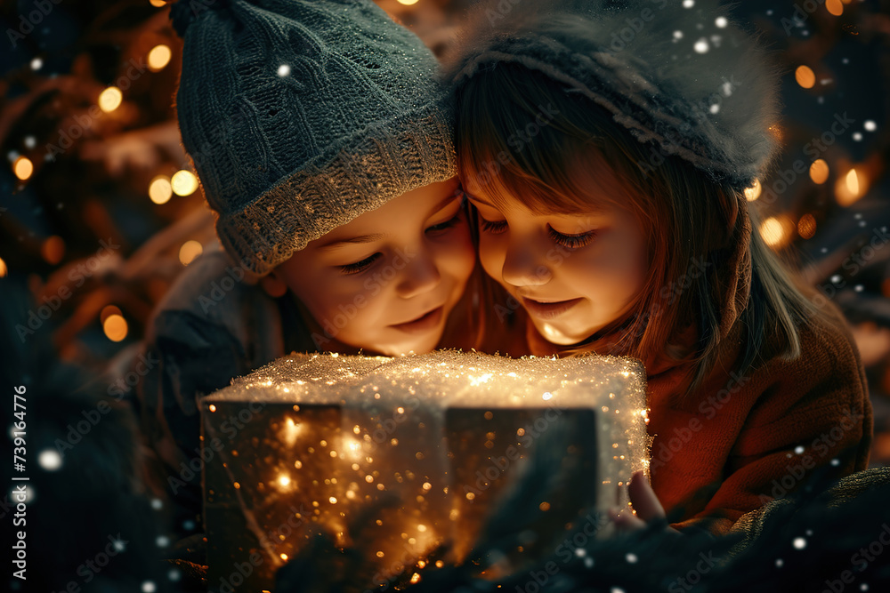 two kid look inside the open gift box that light shines out of the box ...