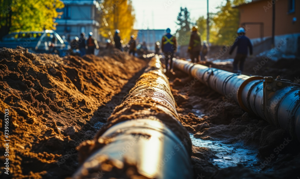 Underground water pipeline installation in trench, infrastructure ...