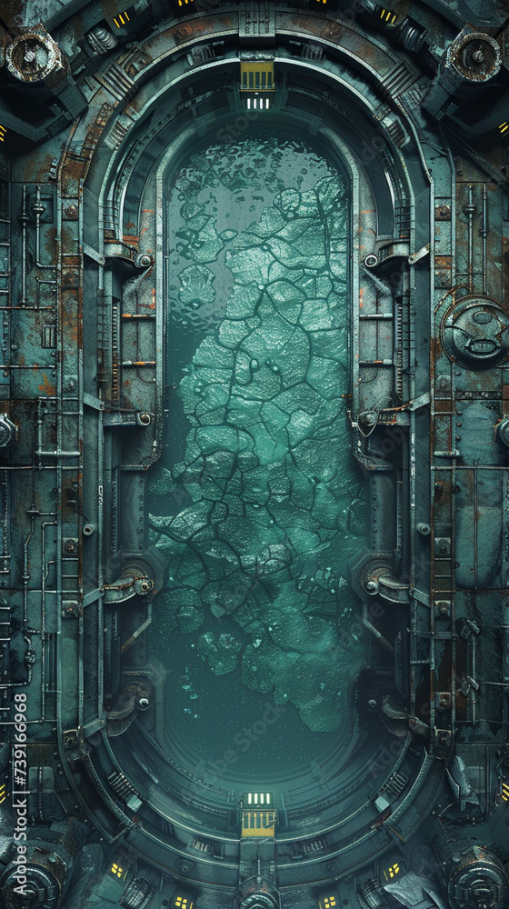 Large empty metal room grimdark scifi style with a detailed map of an ...