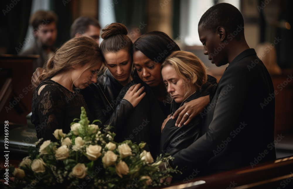 Death, funeral and family touching coffin in a church, sad and unhappy ...