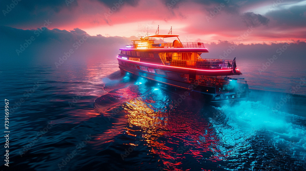Speed pirate ship slicing through neon infused waters propelled by ...